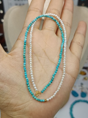 3938-“蓝白鱼子酱”18K配件卡2-3天然珍珠原矿绿松石项链，40cm