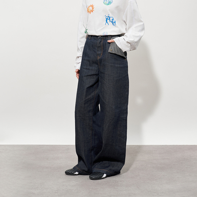 闷与狂FMACM 格纹拼接A型赤耳牛仔长裤2025春秋直筒设计感休闲裤