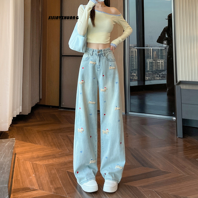 慵懒风浅蓝阔腿牛仔裤女秋冬季新
