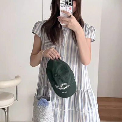 清仓现货清冷条纹荷叶边连衣裙