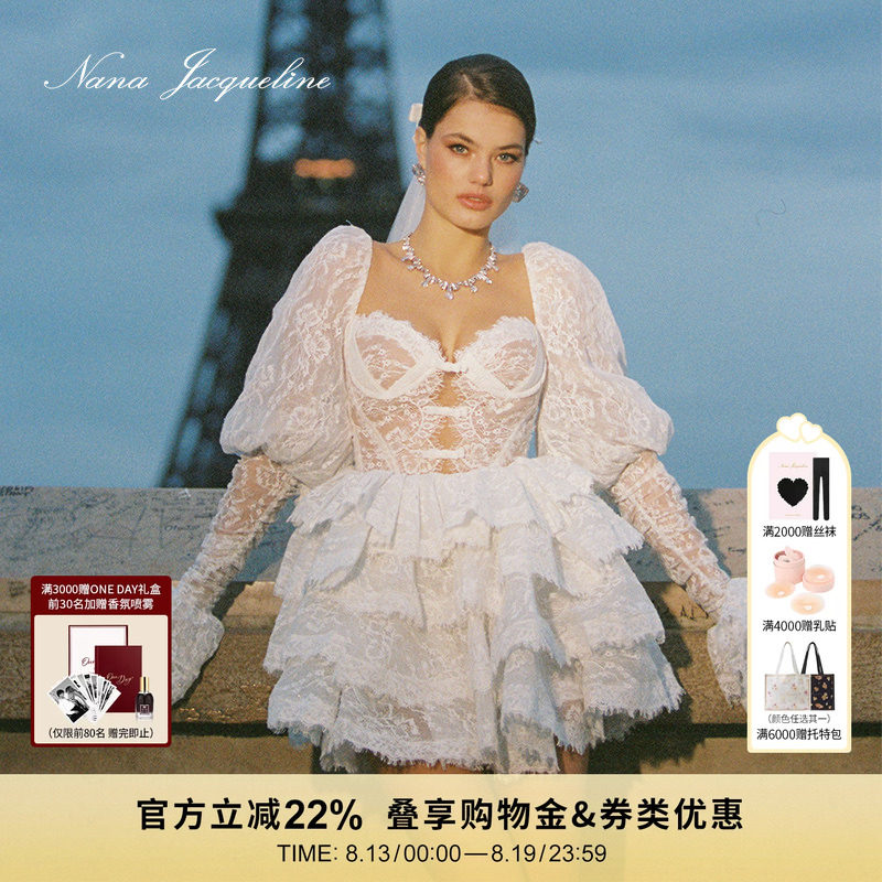 NanaJacqueline 爱的渴望 重工蕾丝泡泡袖四层裙摆婚纱蓬蓬连衣裙
