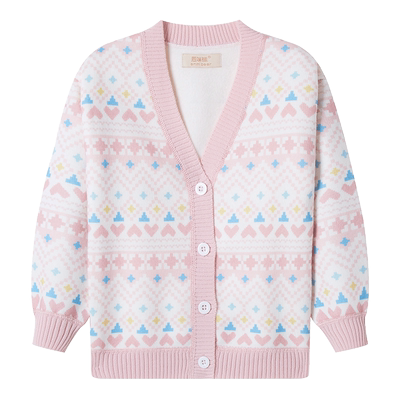 女童针织开衫秋冬装加绒外套儿童针织衫中大童上衣女孩费尔岛毛衣