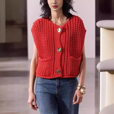Women V-neck sleeveless vest sweater女针织衫V领无袖背心毛衣