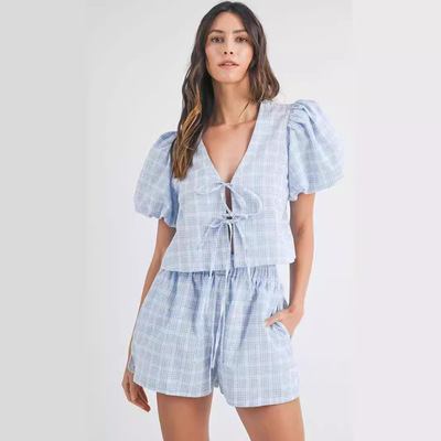 Women's plaid bubble sleeve top and shorts two-piece set套装