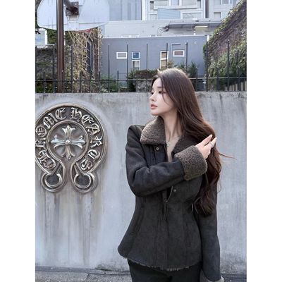 伦敦日常 冬季新款复古皮毛一体炭黑色短款外套气质收腰显瘦上衣