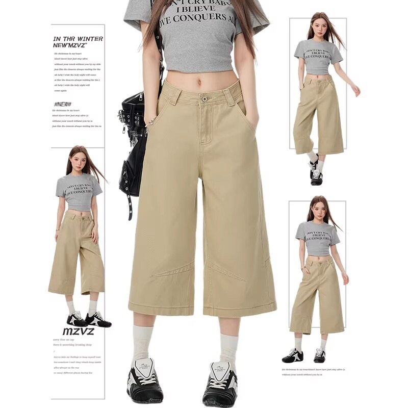 美式卡其色阔腿七分牛仔裤女2026夏季薄款新款高腰宽松直筒中裤子