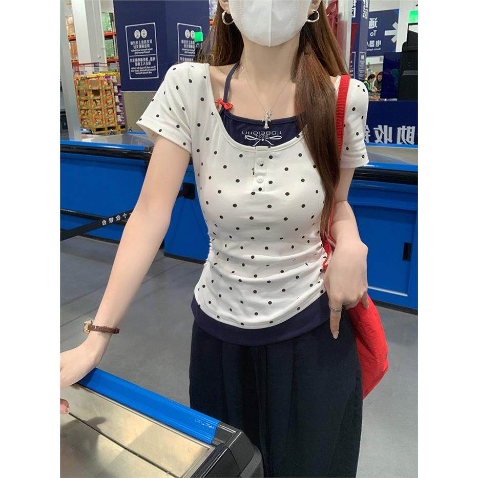 韩系波点假两件螺纹210克通勤短袖t恤女装夏季高级感精致新款上衣