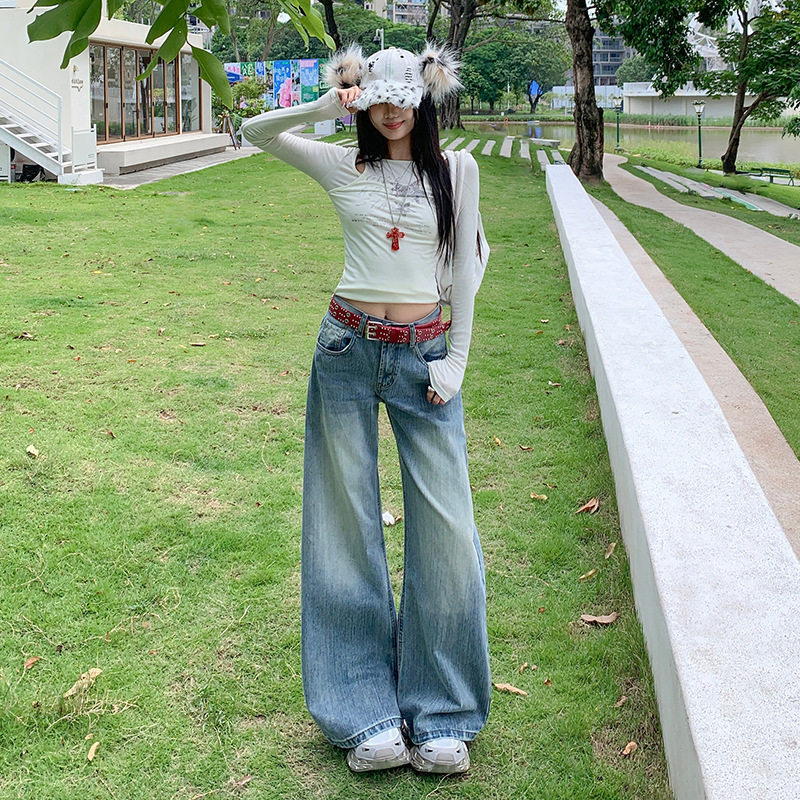 美式竹节纹弯刀牛仔裤女高腰宽松镰刀裤休闲显瘦阔腿香蕉裤