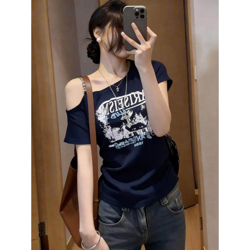 不规则斜肩吊带印花短袖T恤女夏季大码胖mm独特漂亮收腰显瘦上衣