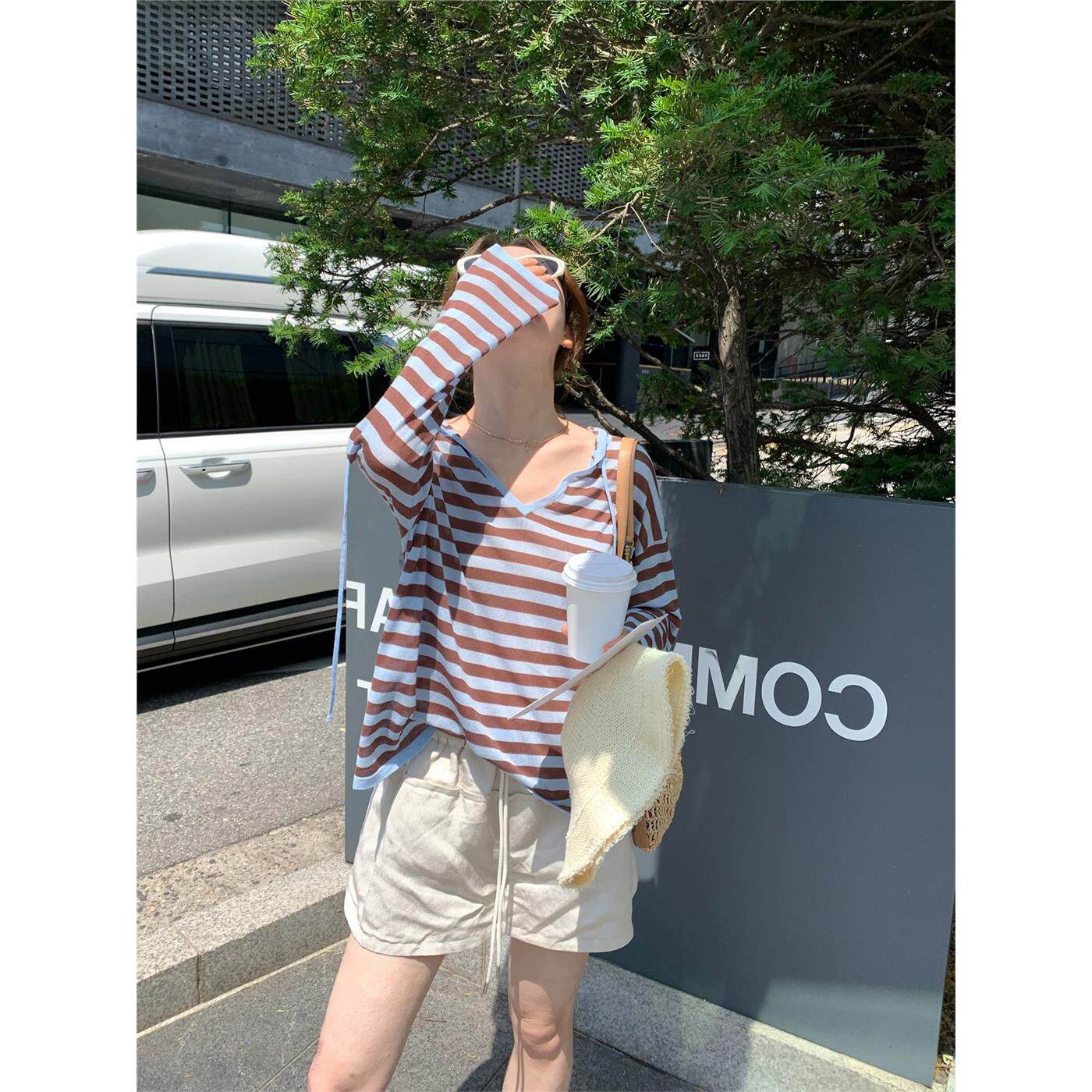 慵懒风条纹冰丝连帽针织衫T恤女夏季宽松薄款防晒针织衫百搭上衣