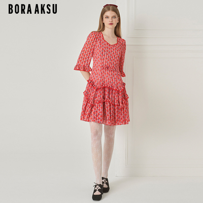 BORAAKSU钻石领褶裥印花连衣裙