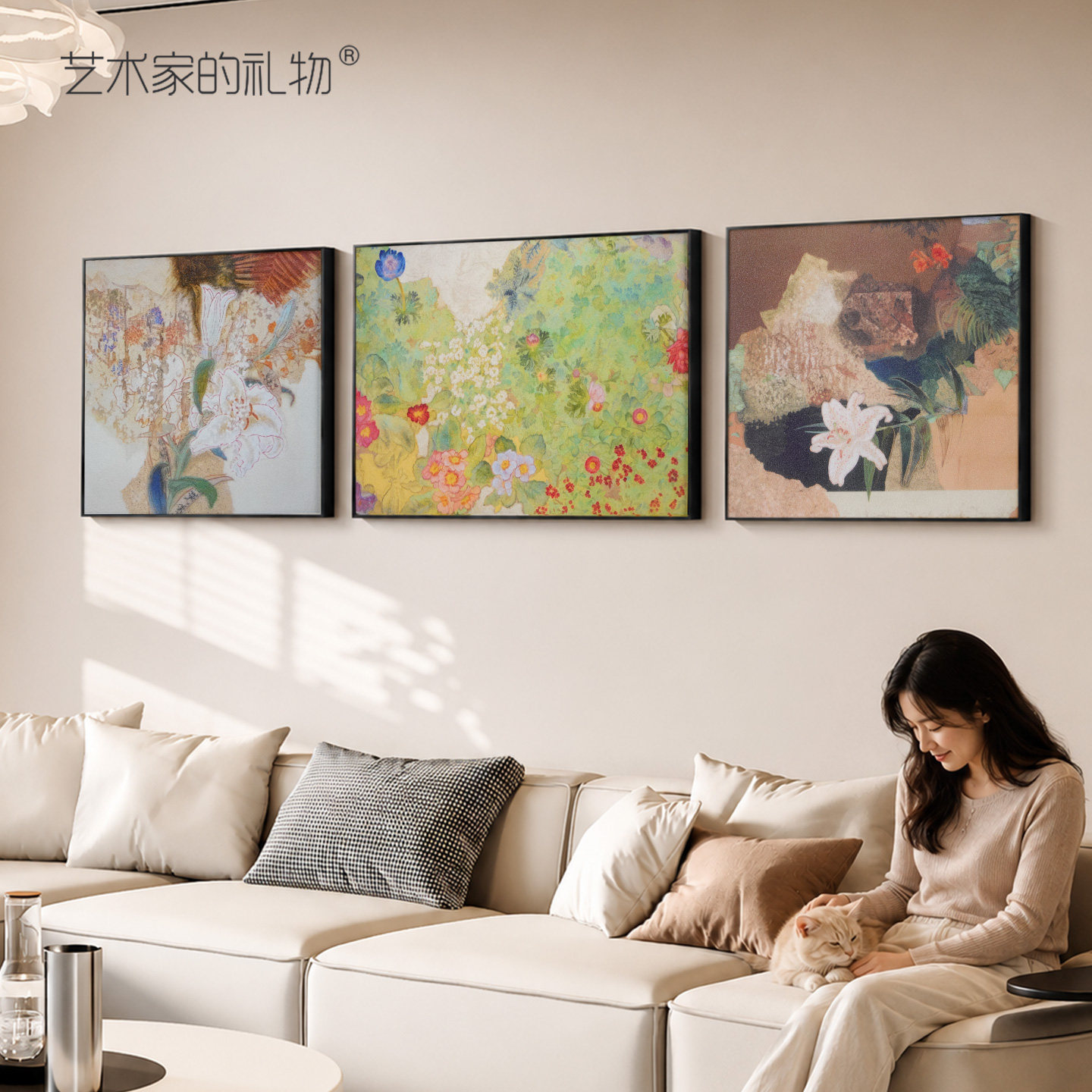 西墙沙发背景挂画多巴胺高级感砂岩画中古风三联客厅装饰画壁画