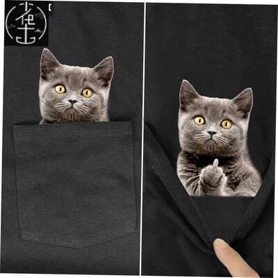 Funny T Shirt Summer Print Pocket T Despise Cat Dog口袋印花T
