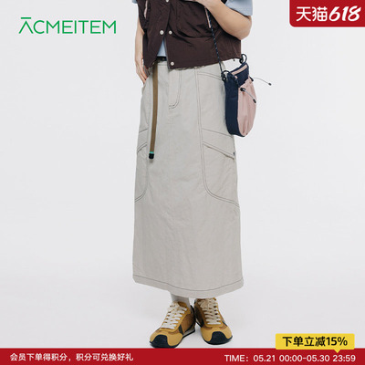 ACMEITEM爱棵米 户外女士撞色线工装长裙后开叉合体休闲半身裙子
