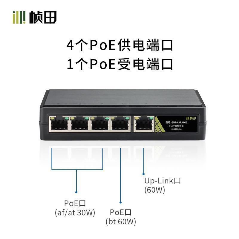 桢田无源1分4级联宝千兆poe中继器室外防水5口受电交换机GNT69P51