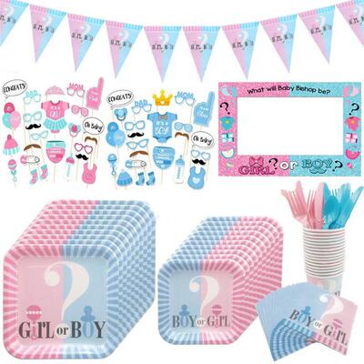 gender reveal性别揭示派对宝宝一次性餐具甜品台装饰Girl or Boy