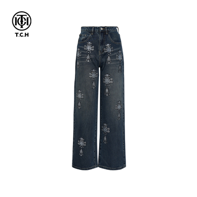 TCH2026秋季纯欲风烫钻时尚淑女直筒牛仔裤T75C20E9012