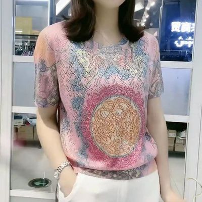 短袖气质烫钻女t恤宽松大码女装