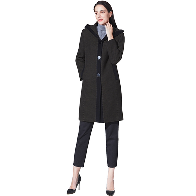 绿色拼接连帽中长款外套LD18414A