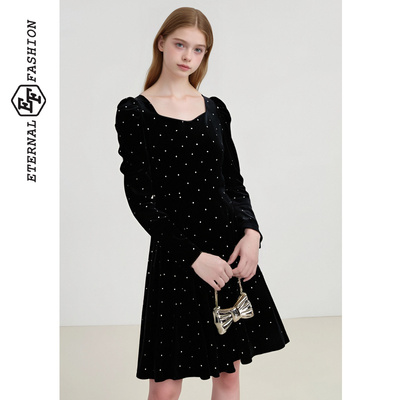 方领泡泡袖显瘦气质A字短裙