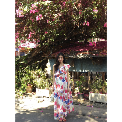 黄亮Elovey 限量 西西里的花园斜肩长款连衣裙气质显瘦长裙子