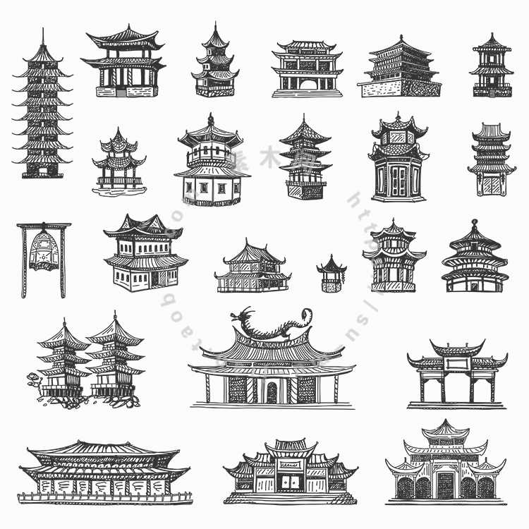 古建筑手绘图简单,古建筑图片手绘简单_大山谷图库