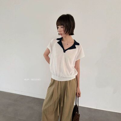 UP夏韩系撞色翻领针织小衫十三行