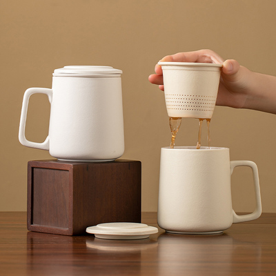 茶水分离杯陶瓷办公室家用简约带盖过滤个人专用泡茶杯子礼品定制