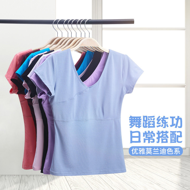 成人瑜伽服上衣短袖健美操上装跑步前交叉运动健身T恤舞蹈练功服