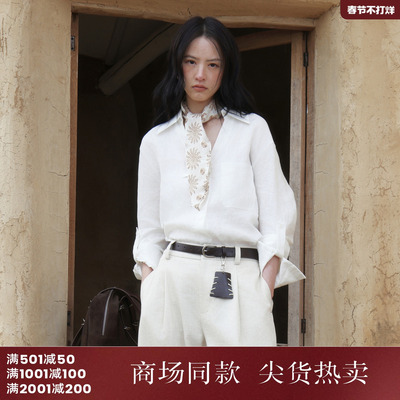 西町村屋老钱风V形衬衫2026春新款小翻领亚麻长袖上衣XXBA10181
