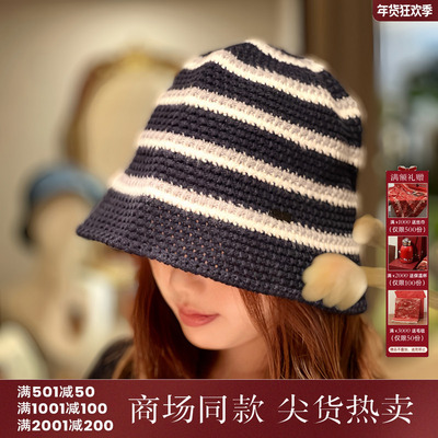 西町村屋韩系风盆帽女2025秋季新款条纹飘带百搭渔夫帽XHAC60030
