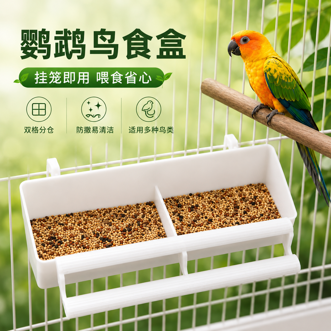 鸟禽食槽鹦鹉鸟食盒鸽子鸡子喂食器站台悬挂式双格喂鸟器喝水器