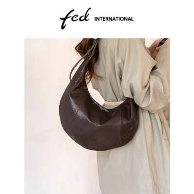 fed头层牛皮新月腋下牛角包