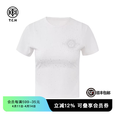 TCH潮牌满天星烫钻时尚米白色修身打底短袖T恤T72B10E6016