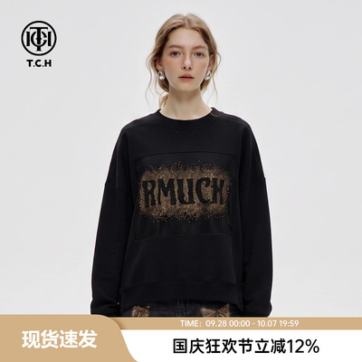 TCH【时尚潮牌】春款字母烫钻百搭黑色长袖圆领T恤衫T78A11B9003