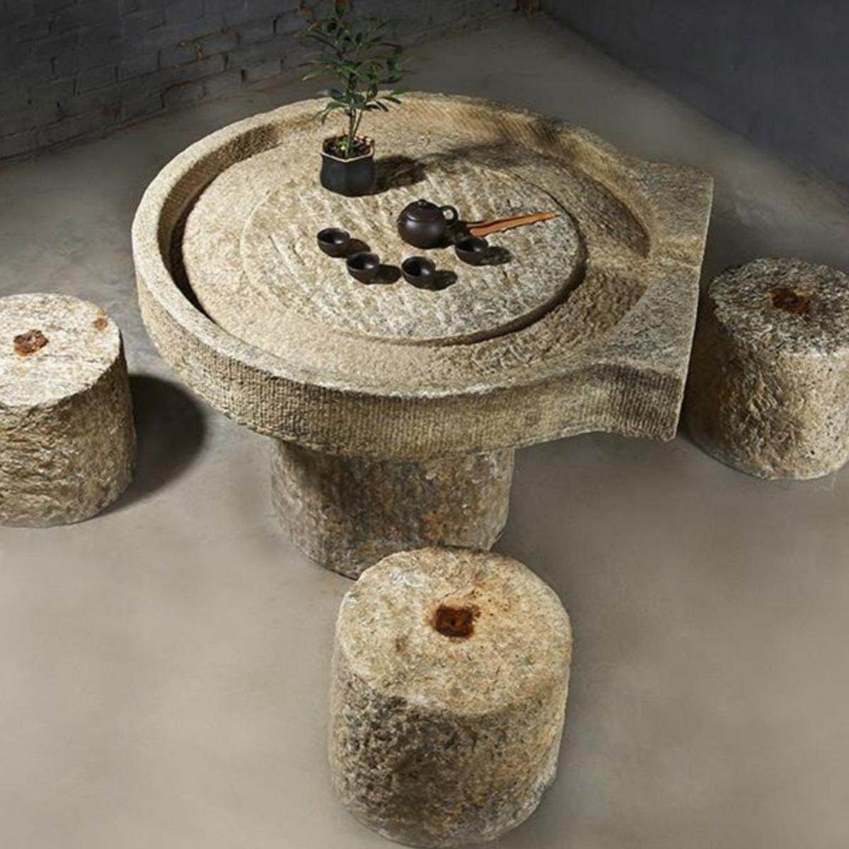 老石磨茶桌石桌石头茶台茶几盘户外庭院石桌子石凳子花园石椅桌椅_虎窝淘