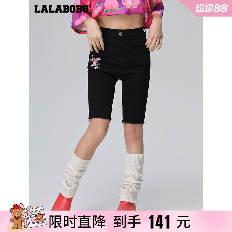 LALABOBO春夏新款刺绣字母黑色直筒牛仔短裤女士|LBCA-WXZD16
