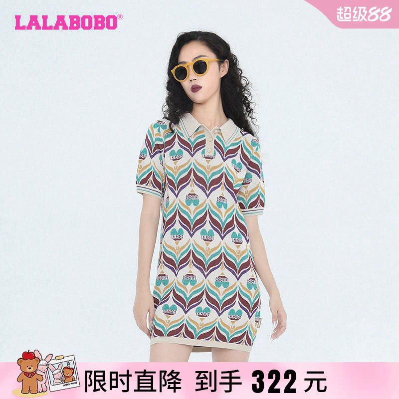 LALABOBO夏季新款翻领短袖四叶草毛织连衣裙子女|LBCC-WLZY12