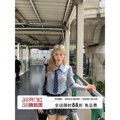 HuoHuo 耶鲁优等生 学院风收腰长袖衬衫女春新款辣妹短款修身衬衣