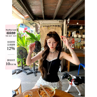 HuoHuo 撩人风向标 韩女si服2026春夏新款上衣女褶皱撞色拼接吊带