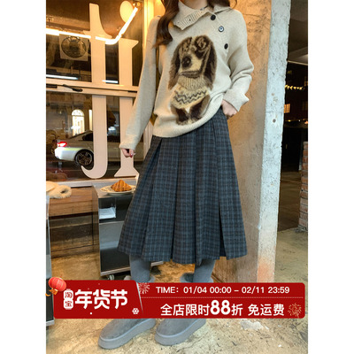 中长款格纹百褶裙半身裙