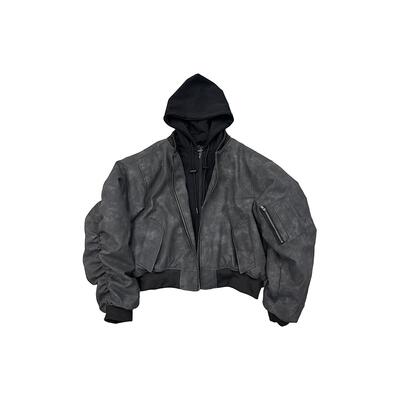 POPPROJECT皮衣bomber双层假两件连帽外套飞行员夹克皮质棉服ma1