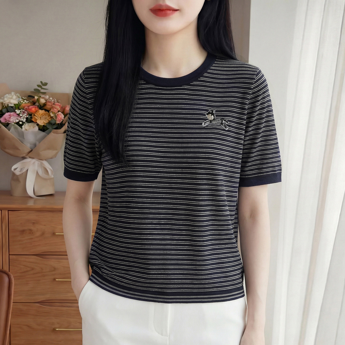 法式休闲风条纹字母刺绣短袖T恤女圆领宽松透气显瘦针织半袖上衣t