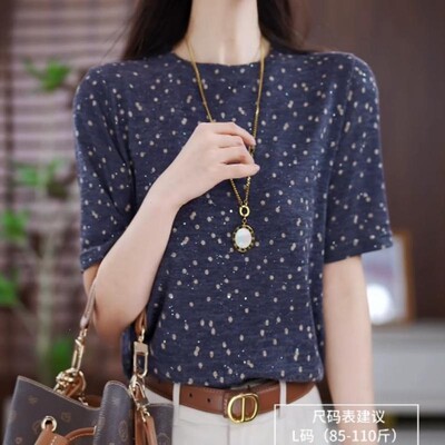 【洒银亮片】复古印花圆领短袖t恤女夏季时尚百搭减龄显瘦宽松a7