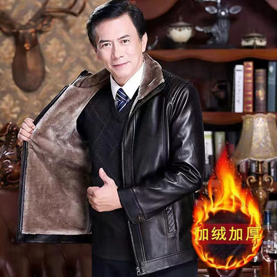 欢乐小勇男装加绒加厚立领皮夹克男士高档保暖皮衣中老年时尚a22