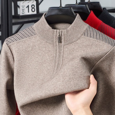 中年半高拉链领冬季加厚针织衫毛衣男士羊毛衫