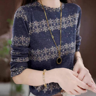 @芸芸百货女装圆领印花气质打底衫秋冬女款长袖T恤时尚内搭上衣