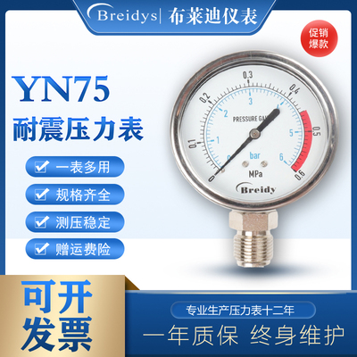 气压水压表螺纹G3/8 1/2YN75压力表船用不锈钢耐震压力表0-40MPa