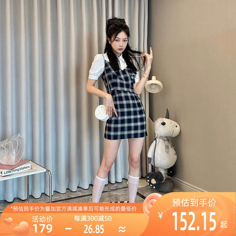 XCCX假两件格子连衣裙女装2024年新款收腰小个子夏学院甜辣风短裙_虎窝淘