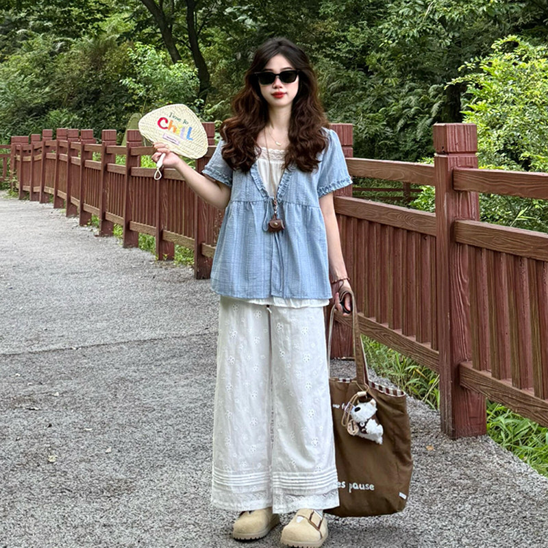 大码女装胖mm遮肉两件套木耳边短袖衬衫宽松显瘦高腰阔腿裤套装